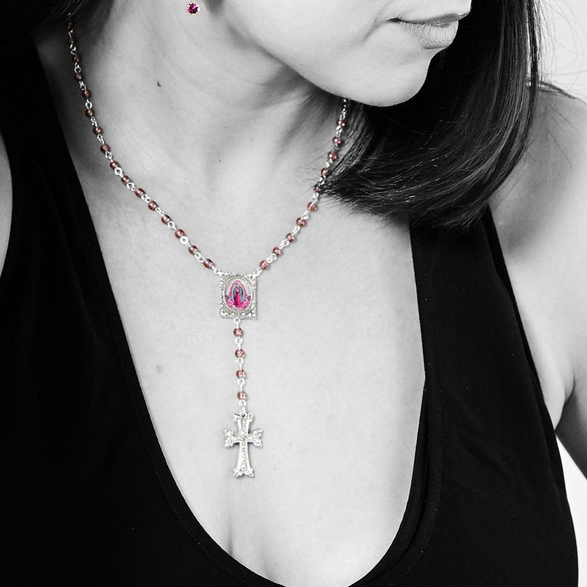 Retablo Pink Guadalupe Rosary Necklace - Silver – Virgins Saints & Angels